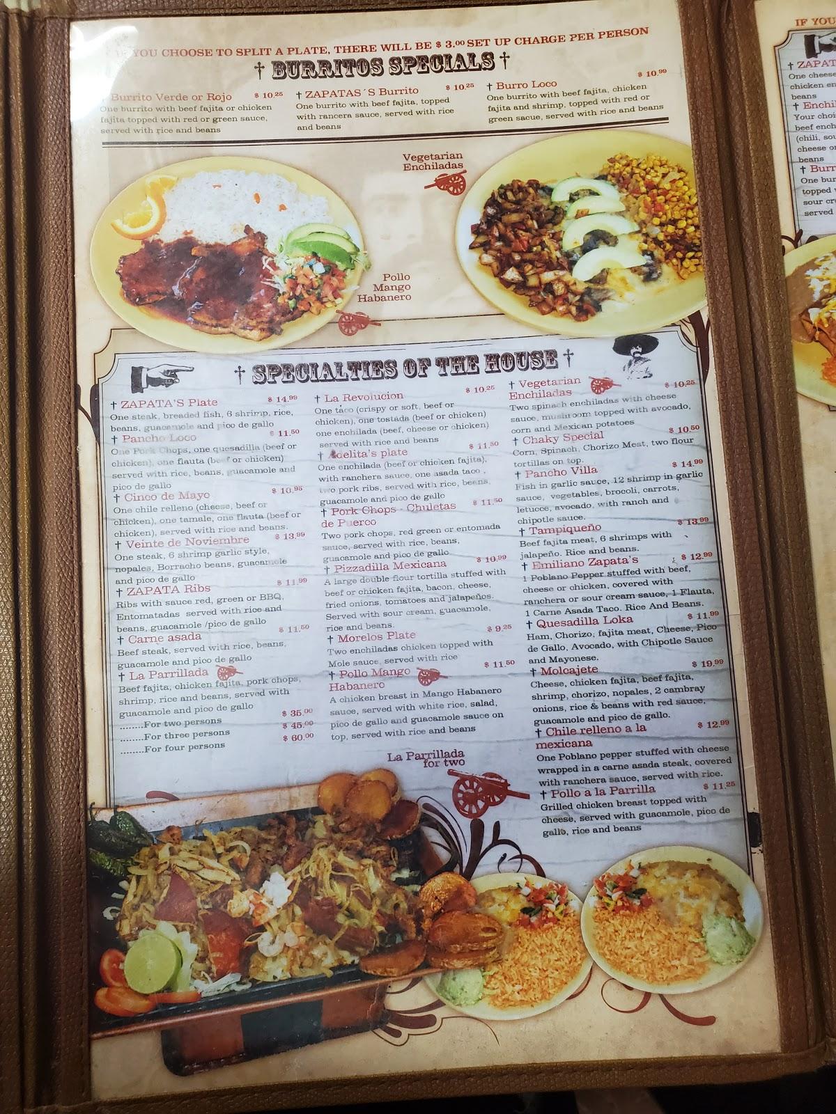 Menu at Zapatas restaurant, Oklahoma City