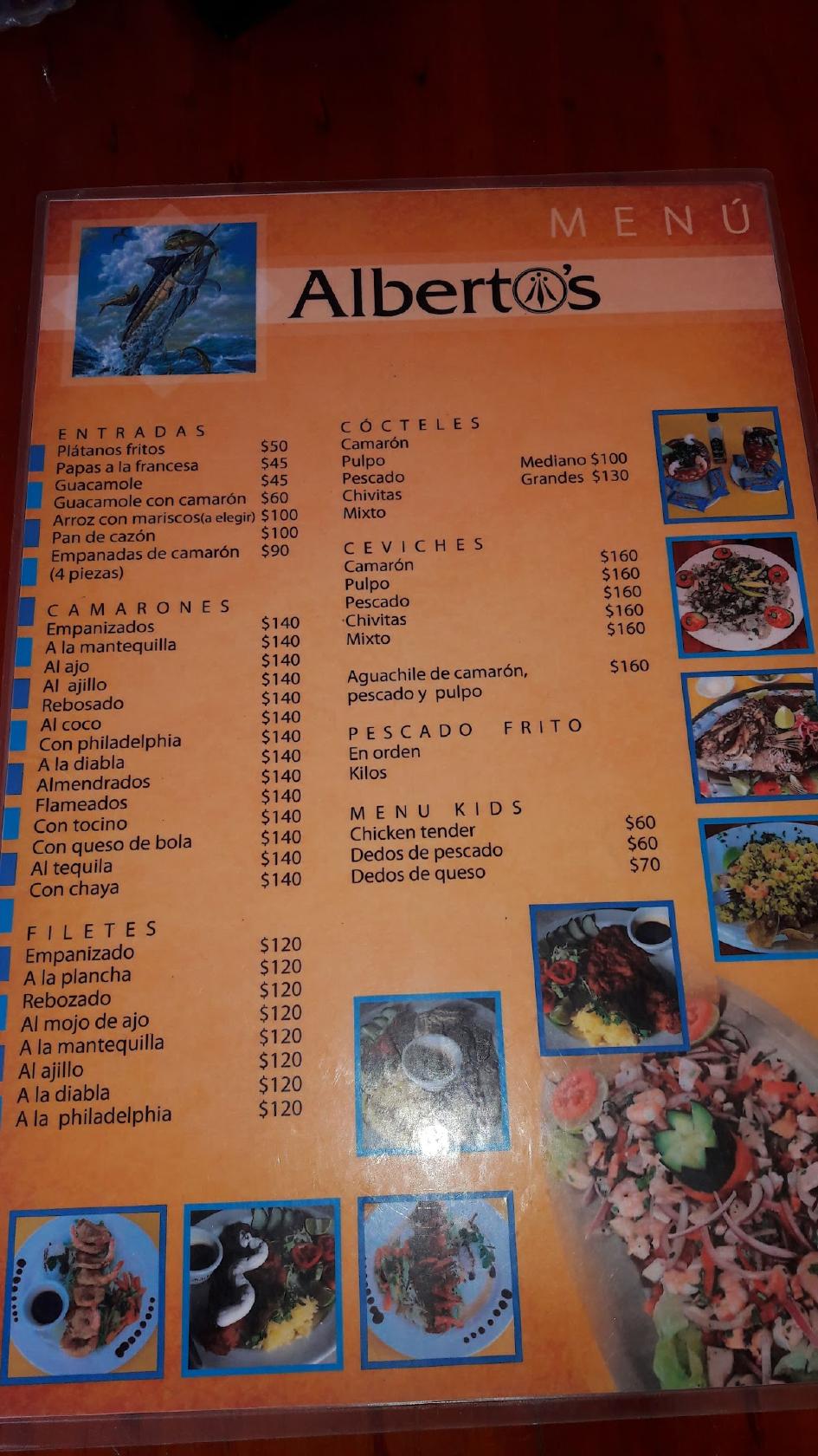 Menu at Alberto's restaurant, Progreso