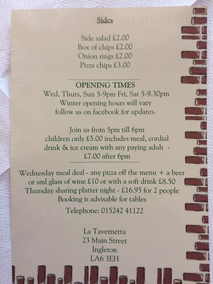 Menu at La Tavernetta restaurant, Ingleton