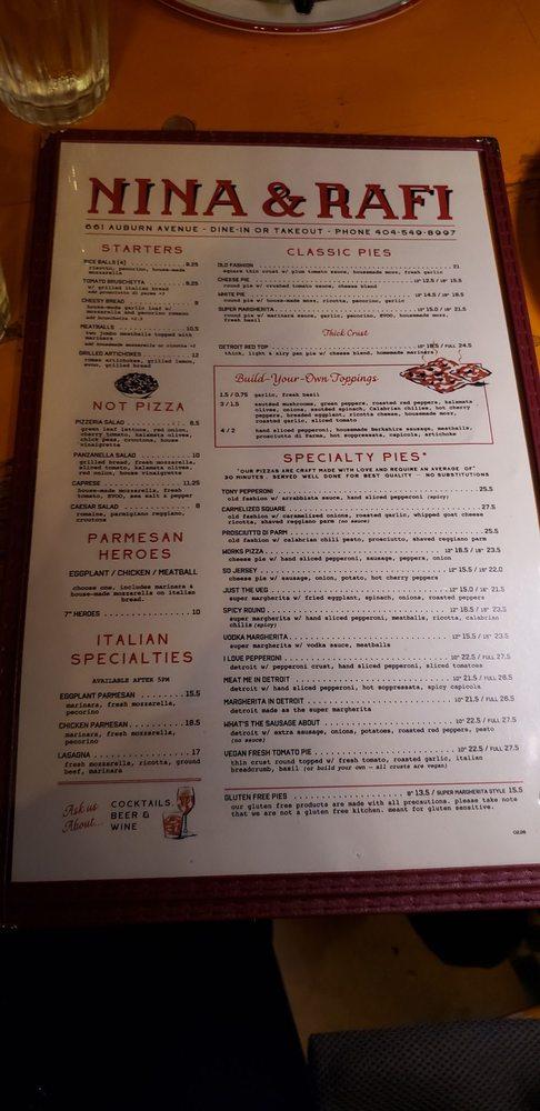 Menu at Nina & Rafi pizzeria, Atlanta