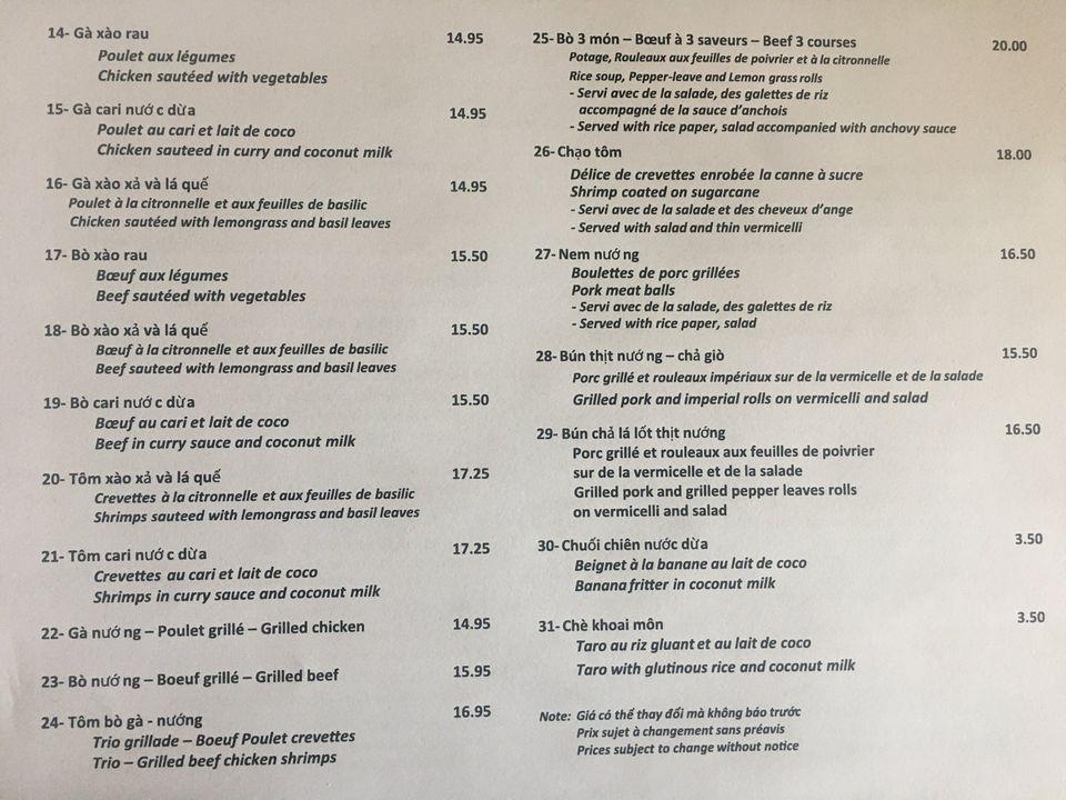 Menu at Restaurant My Tien, Montreal