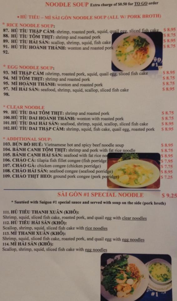 Menu at Saigon #1 Pho restaurant, Virginia Beach, 448 Newtown Rd