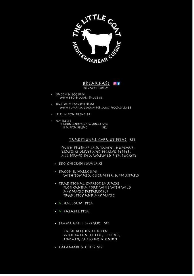 Menu at The Little Goat cafe, Porirua