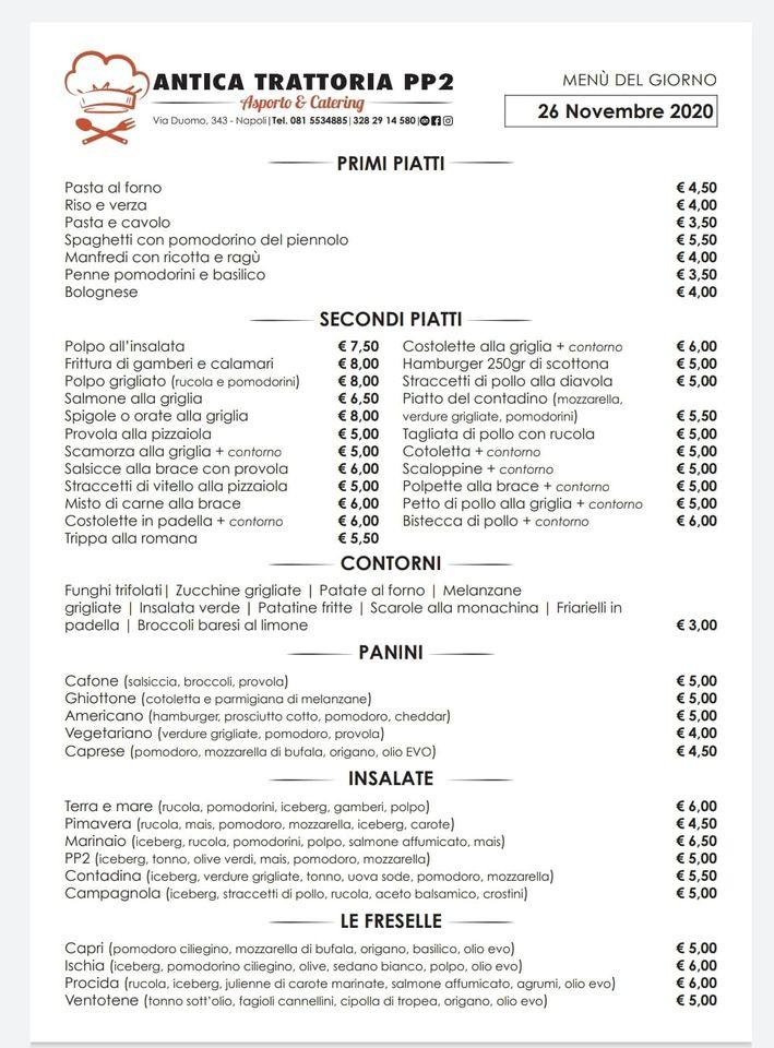 Menu at Antica Trattoria PP2 restaurant, Naples