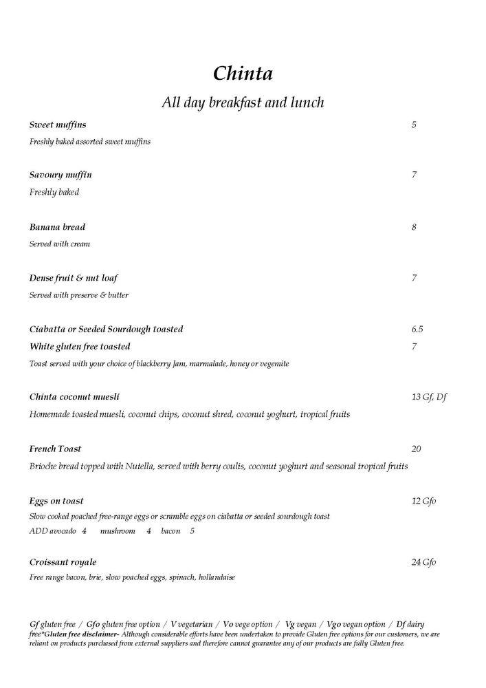 Menu at Chinta Cafe, North Perth
