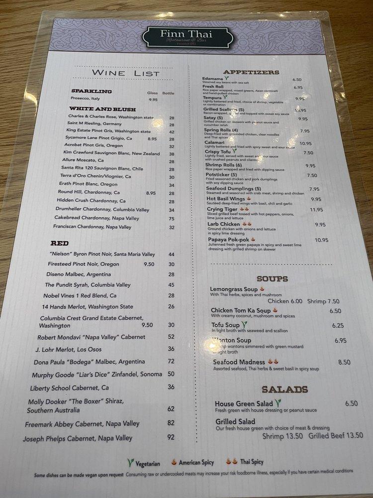 Menu at Finn Thai Purcellville restaurant, Purcellville