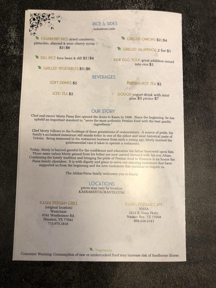 Menu at Kasra Persian Cafe, Houston, E NASA Pkwy