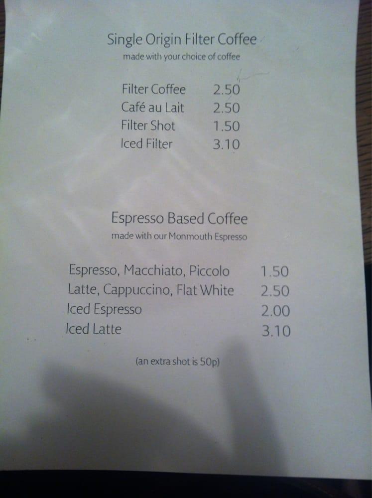 Menu at Monmouth Coffee Company cafe, London, 27 Monmouth St