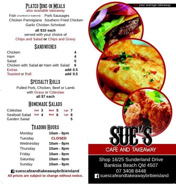 Menu at Sue's Cafe and Takeaway, Banksia Beach
