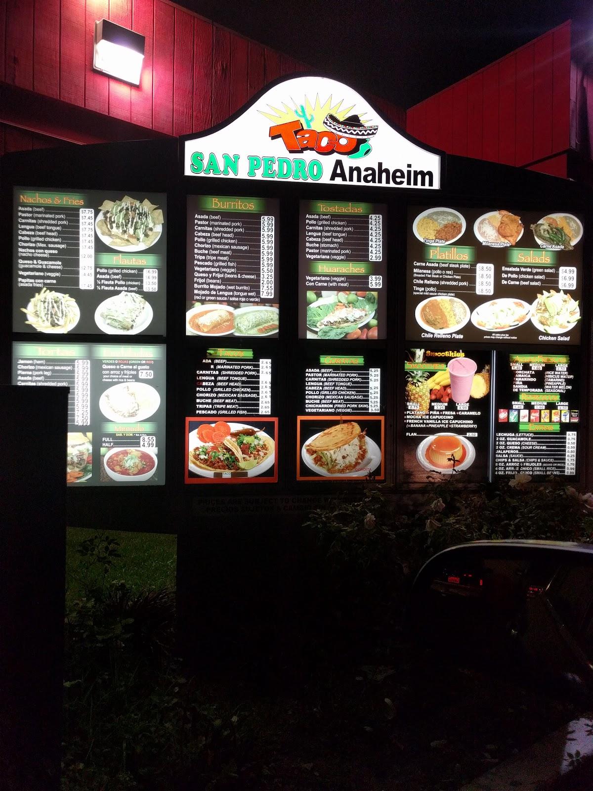 Menu at Taco San Pedro Anaheim restaurant, Anaheim