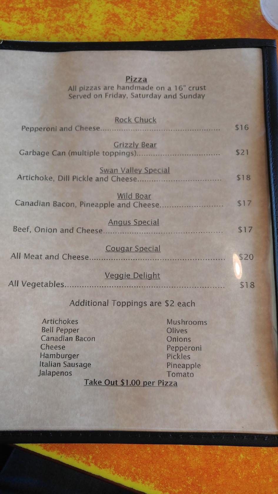 Menu at Angus Cafe, Swan Valley, Swan Valley Hwy