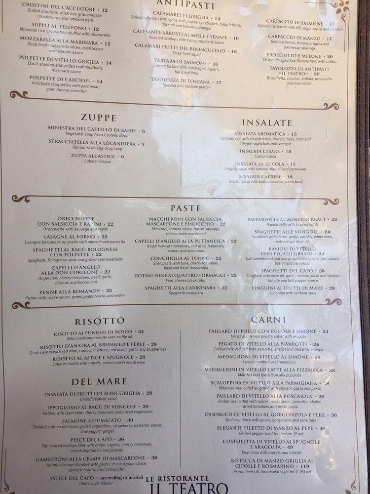Menu au Ristorante Il Teatro restaurant, Québec