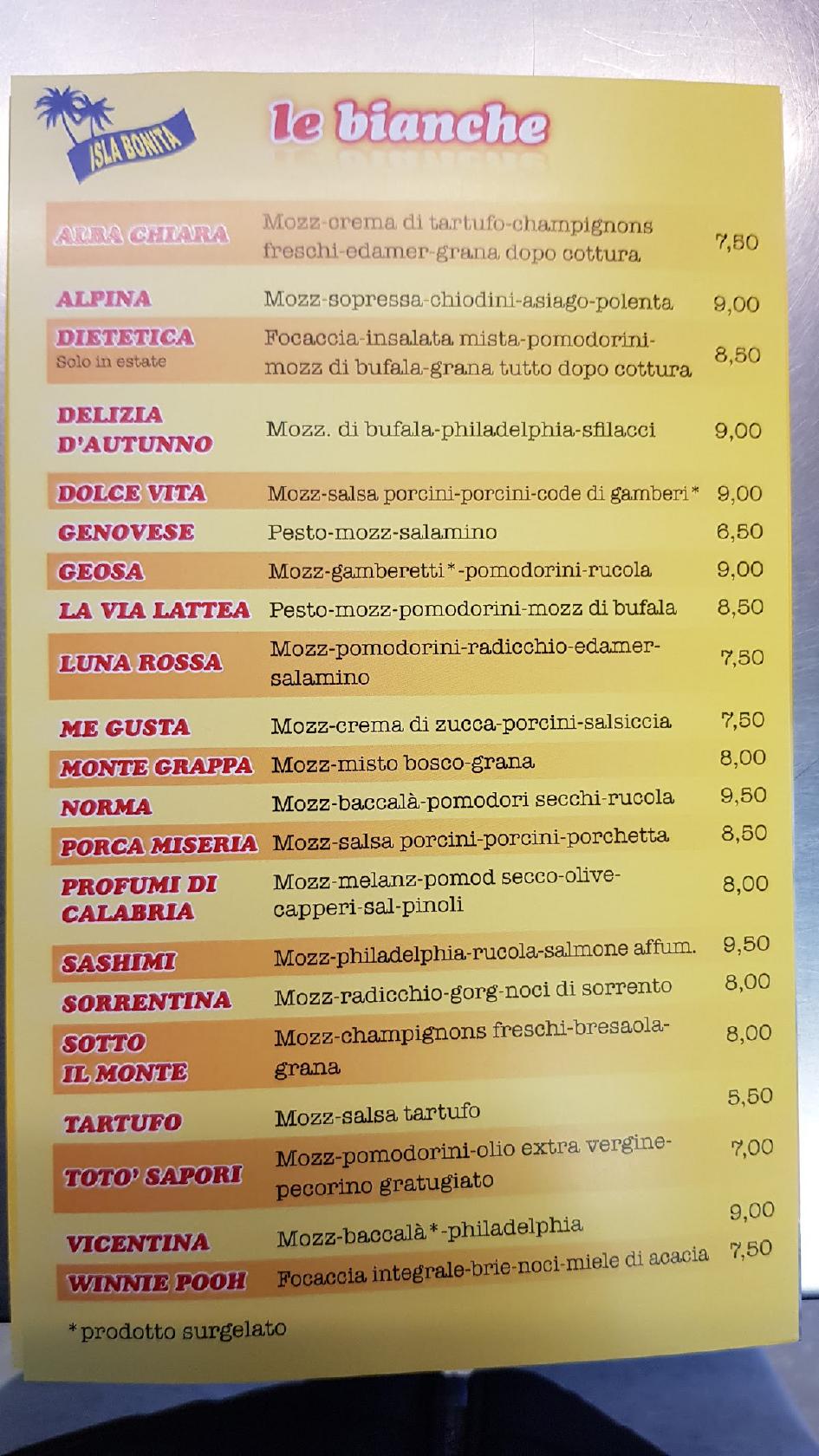 Menu da Isla Bonita pizzeria, San Pietro In Gu