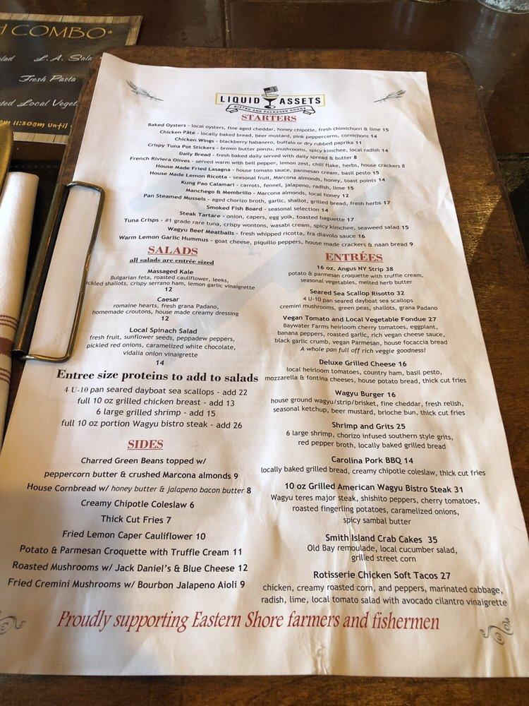 Carta del restaurante Liquid Assets, Ocean City