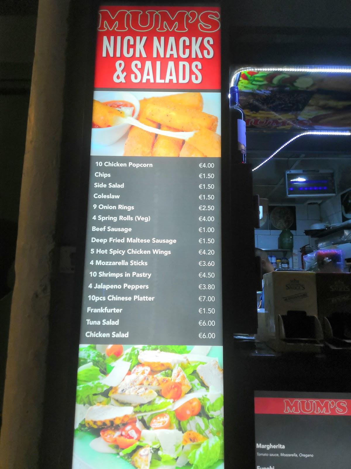 Menu at Mum's Take Away restaurant, Sliema