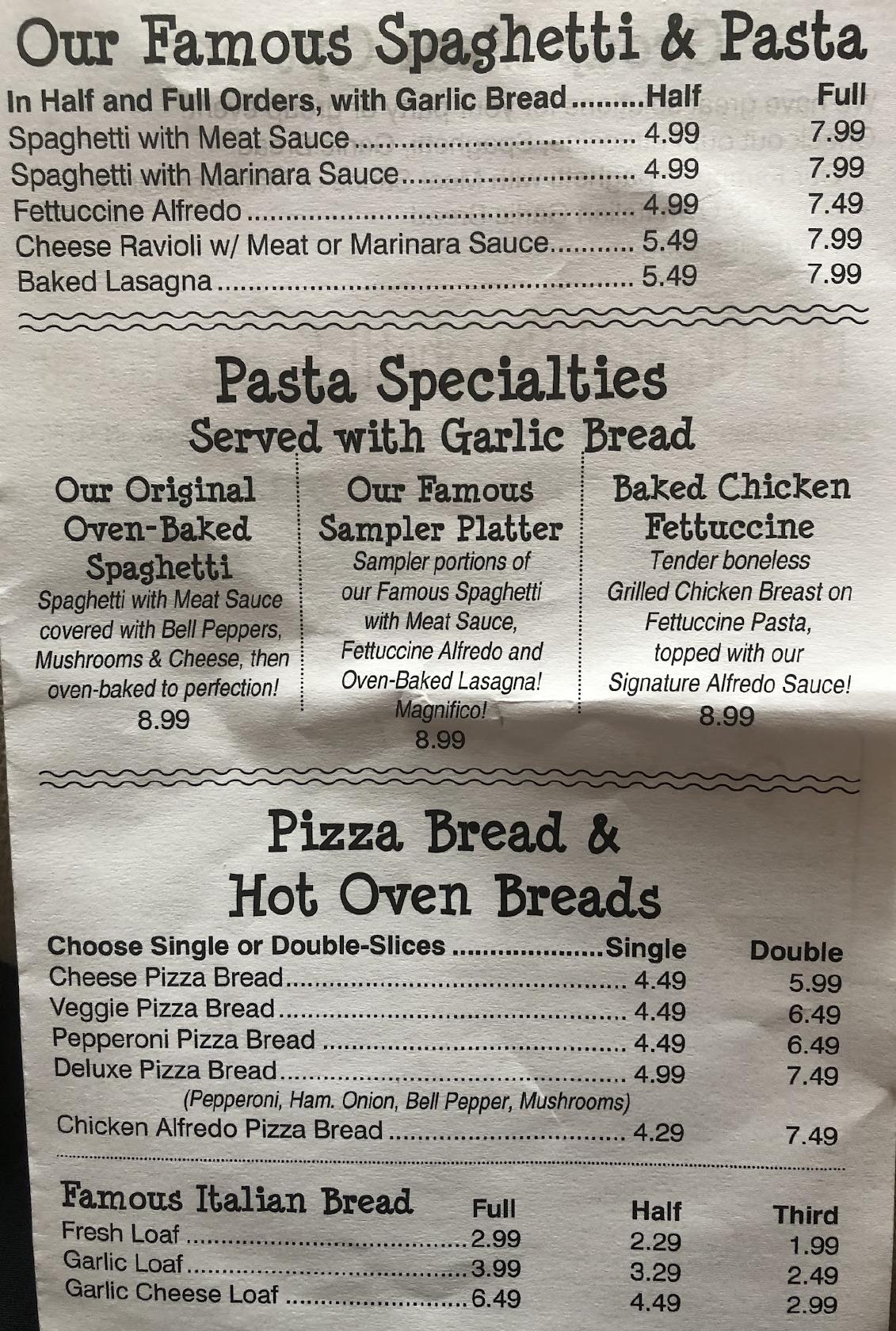 Menu at The Original Spaghetti & Sub House restaurant, Terre Haute