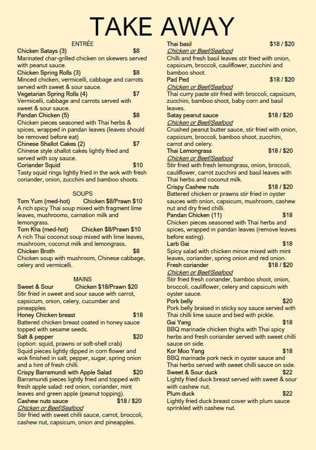 Menu at Paya Thai Restaurant, Sturt