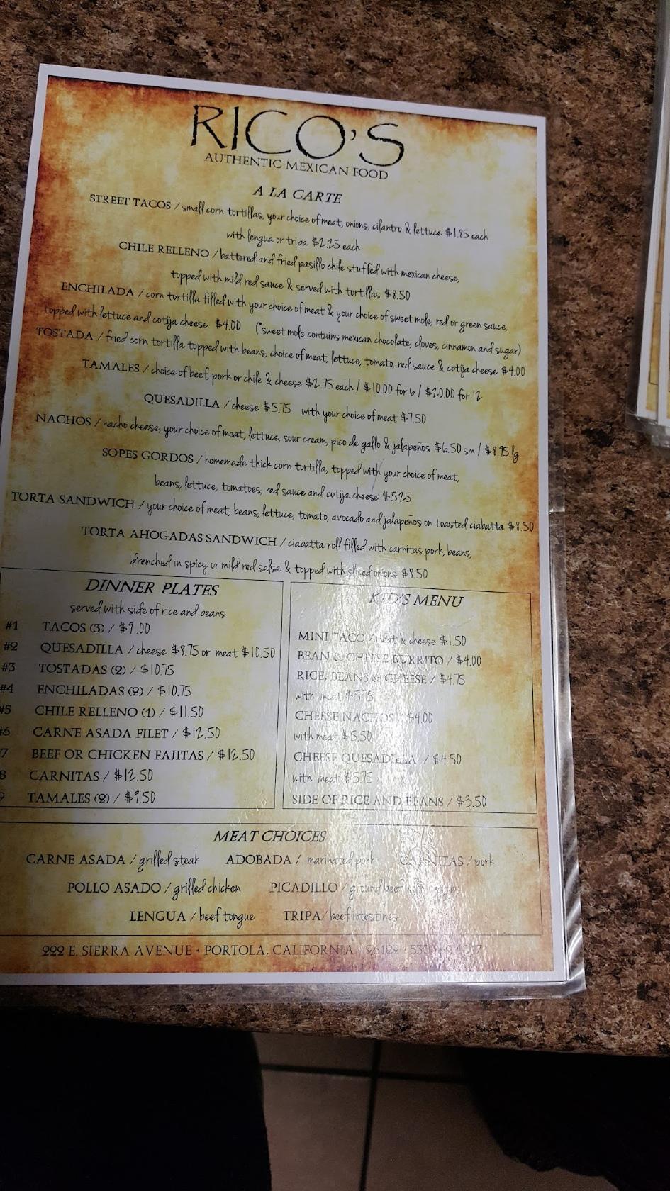 Menu at Rico's Mexican Food restaurant, Portola