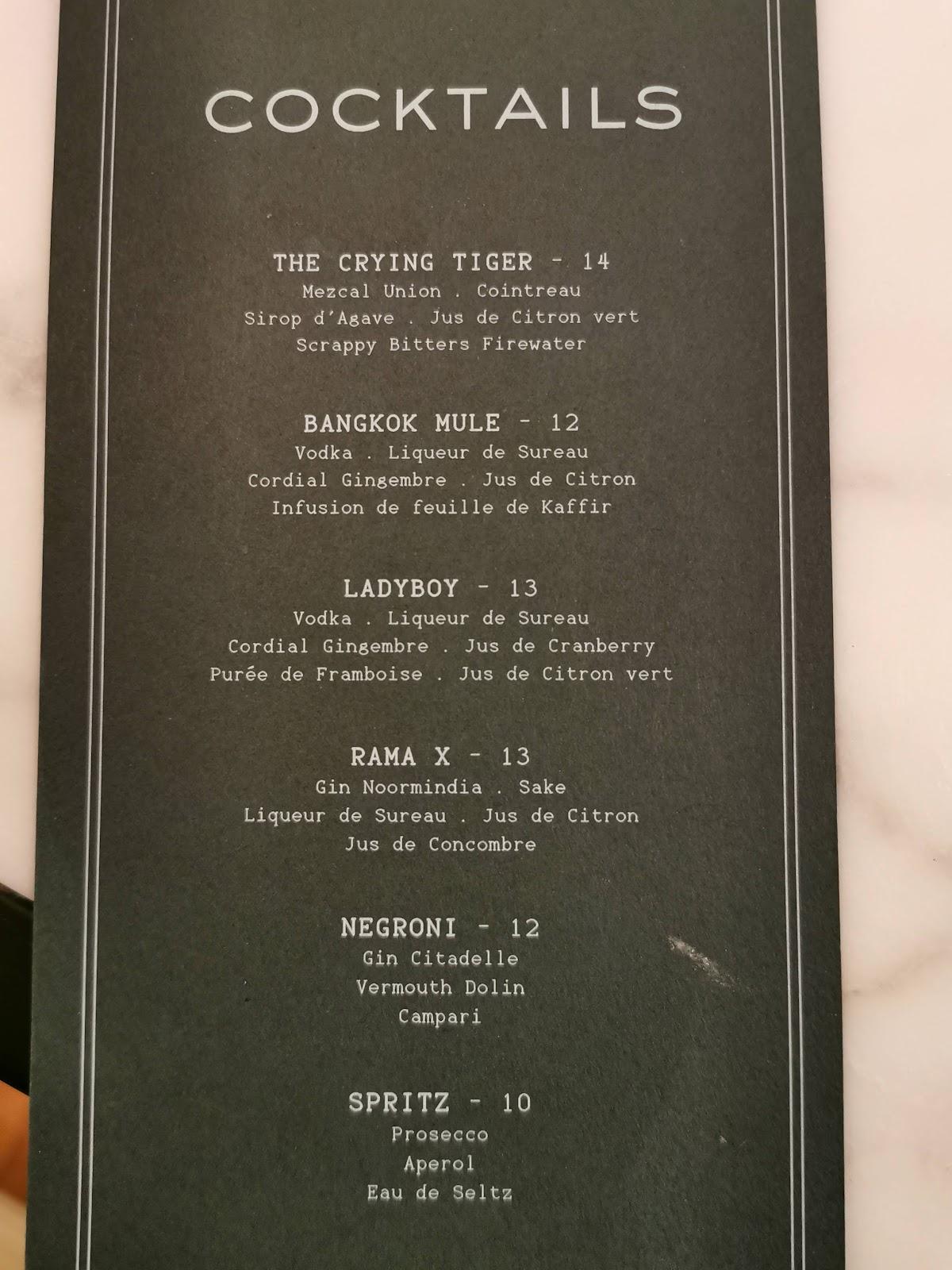 Menu at The Crying Tiger restaurant, Paris