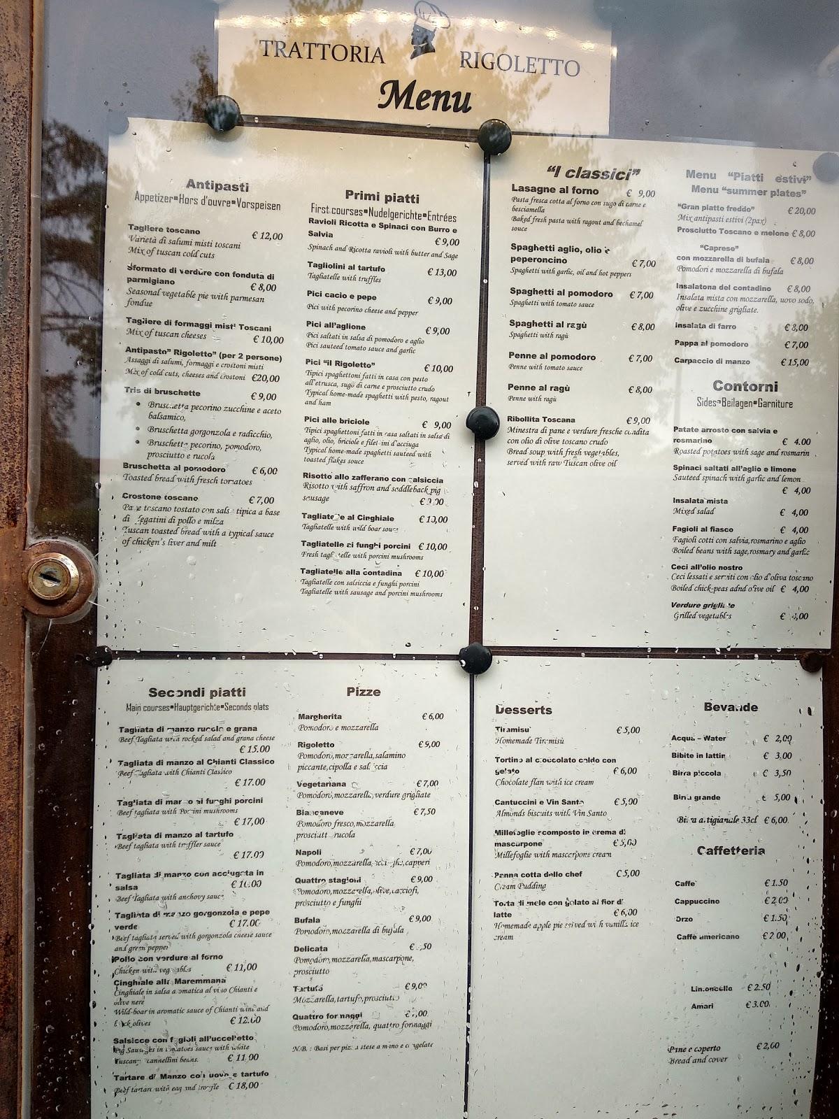 Menu da Trattoria Rigoletto ristorante, San Gimignano, Via Roma