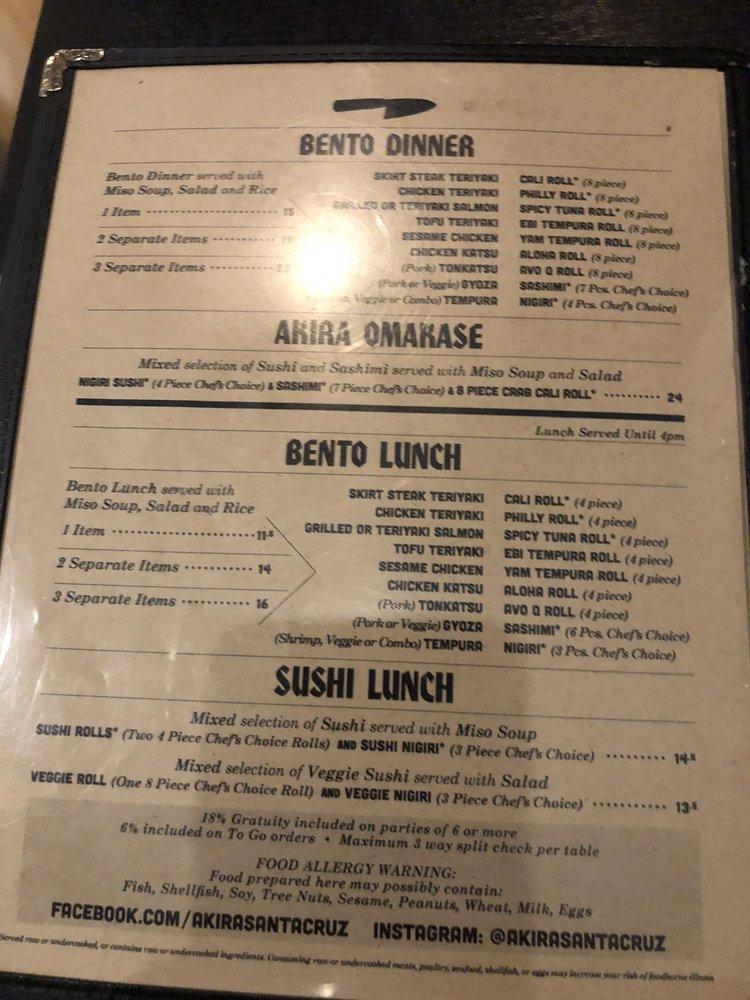 Menu at Akira Aptos restaurant, Aptos