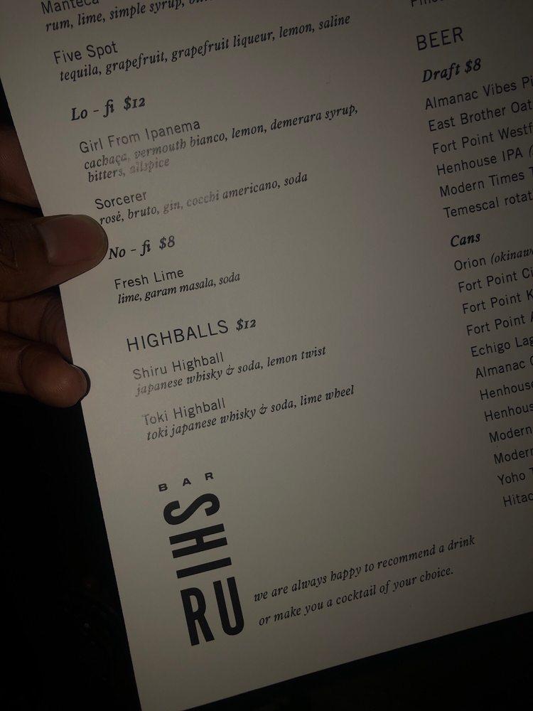 Menu at Bar Shiru, Oakland, Telegraph Ave #100
