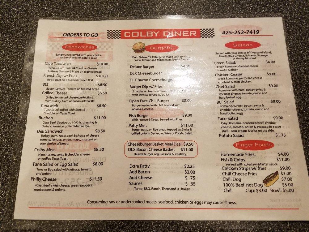 Menu at Colby Diner restaurant, Everett