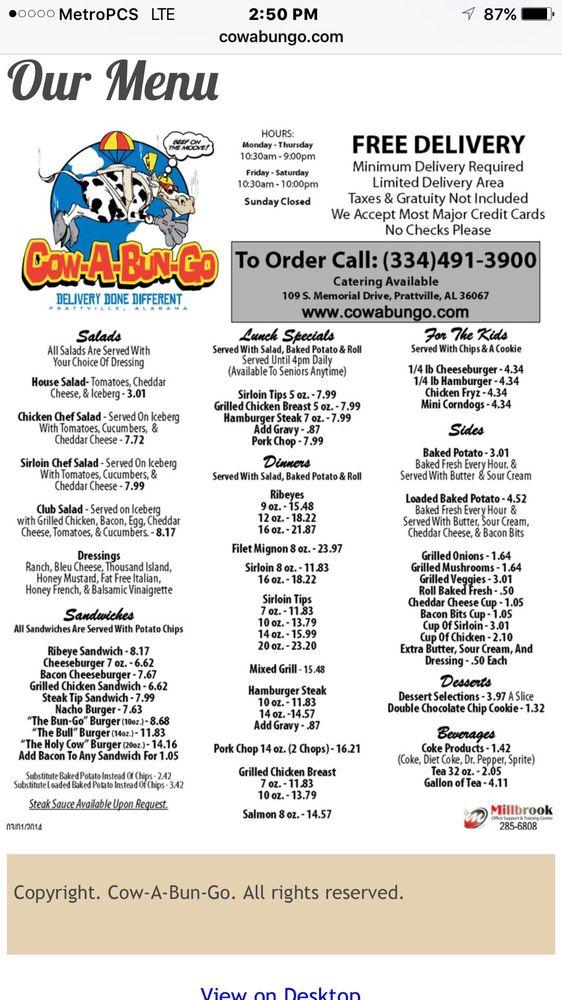 Menu at Cow-A-Bun-Go steakhouse, Prattville