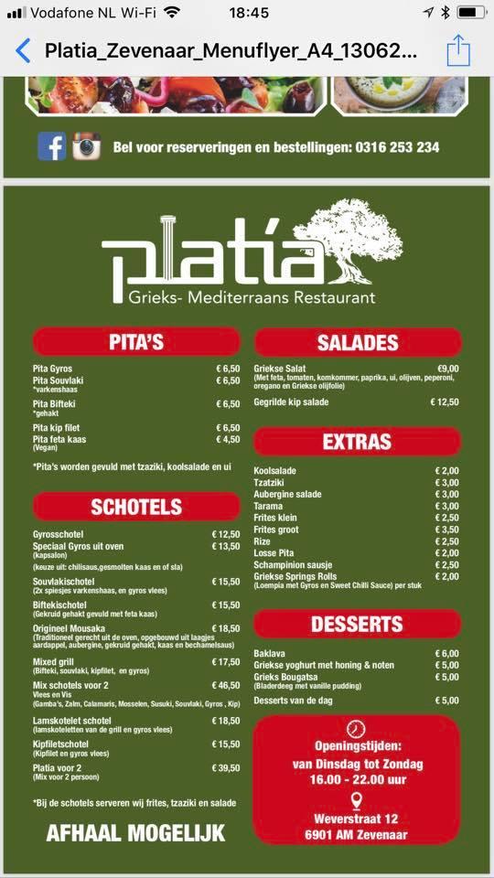 Menu at Grieks Restaurant Platia, Zevenaar