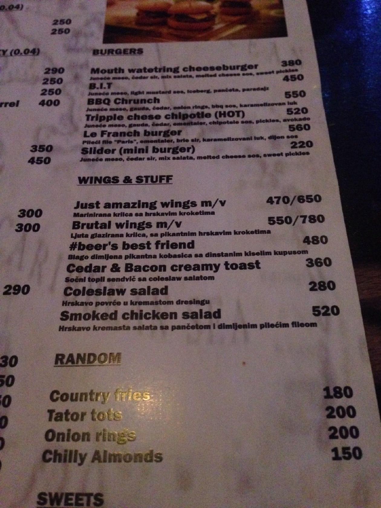 Menu at Jolly Roger Pub, Belgrade