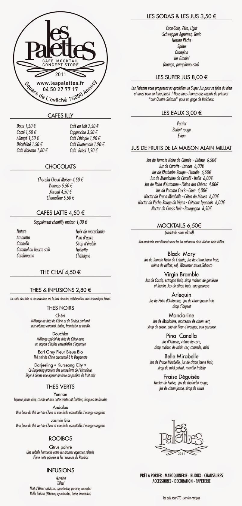 Menu au Les Palettes café, Annecy