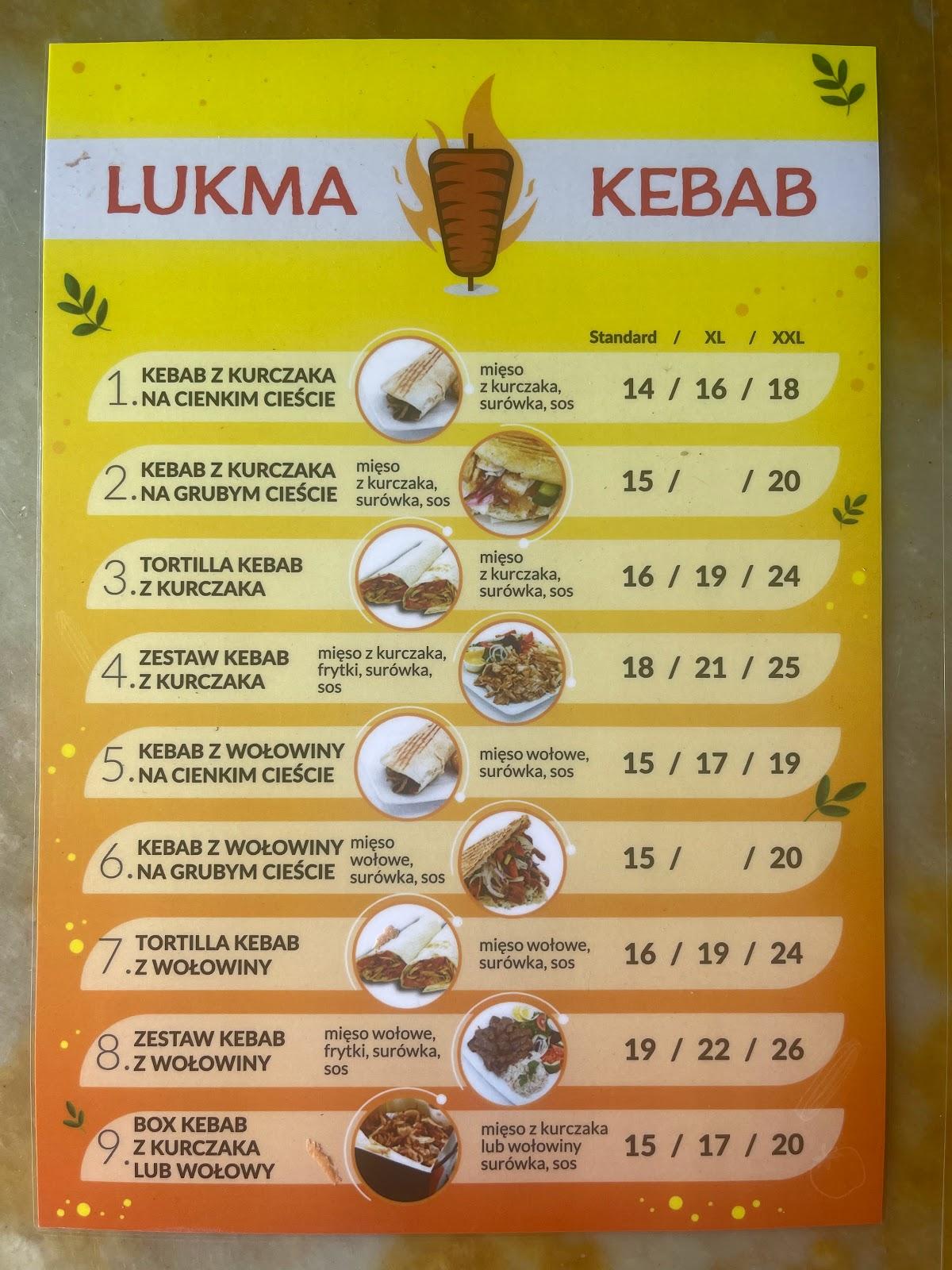 Menu at Lukma Kebab, Warsaw, Karola Dickensa 14