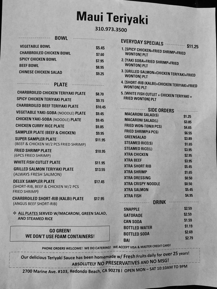 Menu at Maui Teriyaki restaurant, Redondo Beach, Marine Ave #103