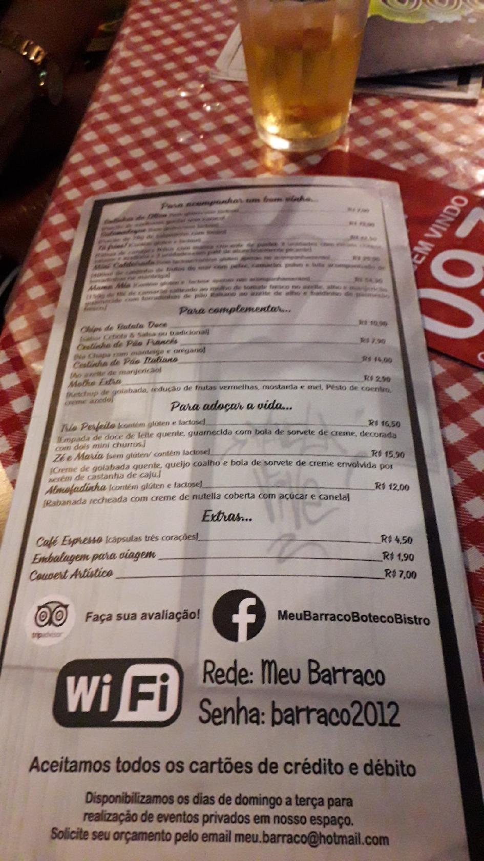 Menu em Meu Barraco Boteco Bistrô, Natal