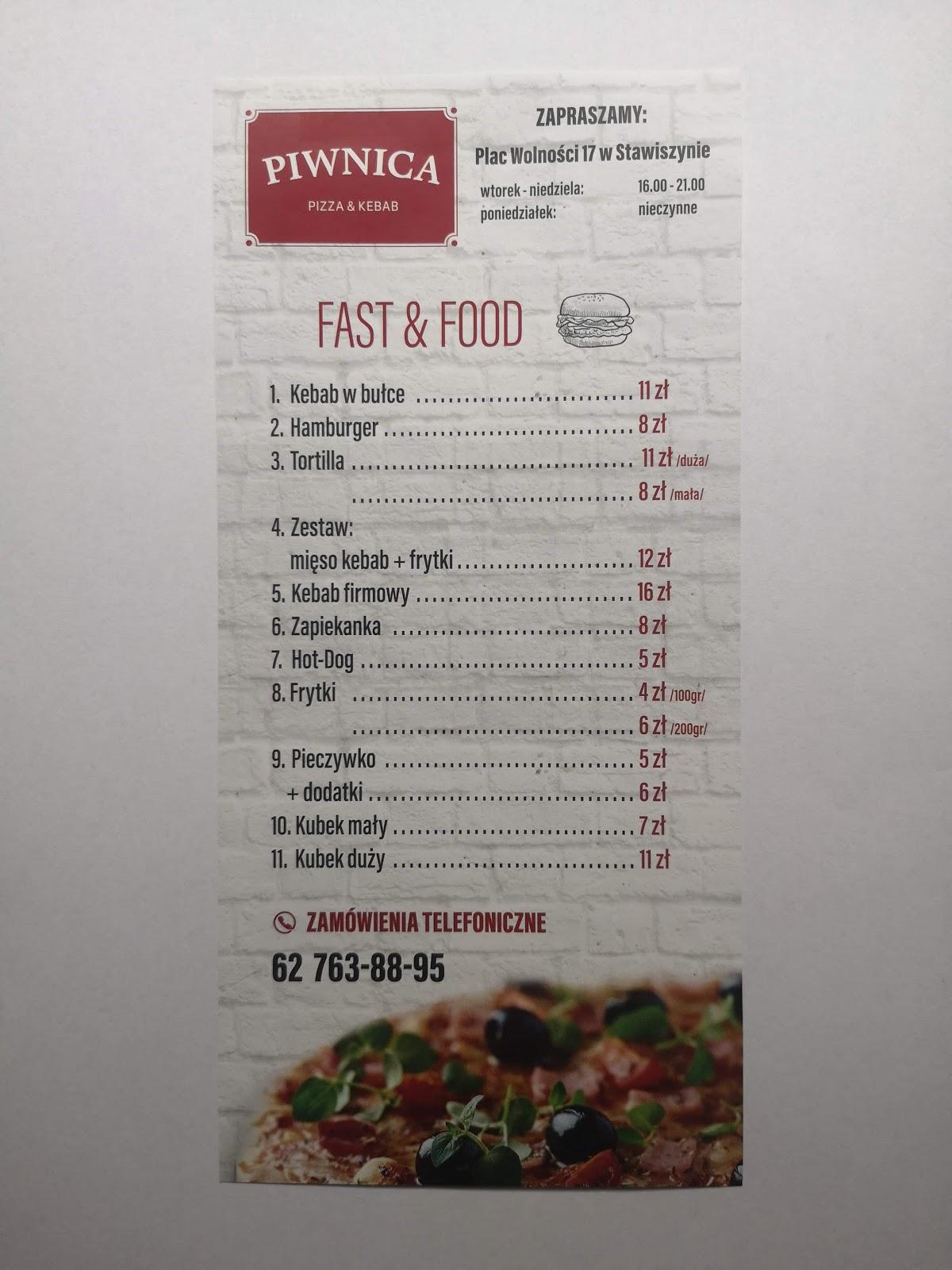Menu at Pizzeria Piwnica, Stawiszyn