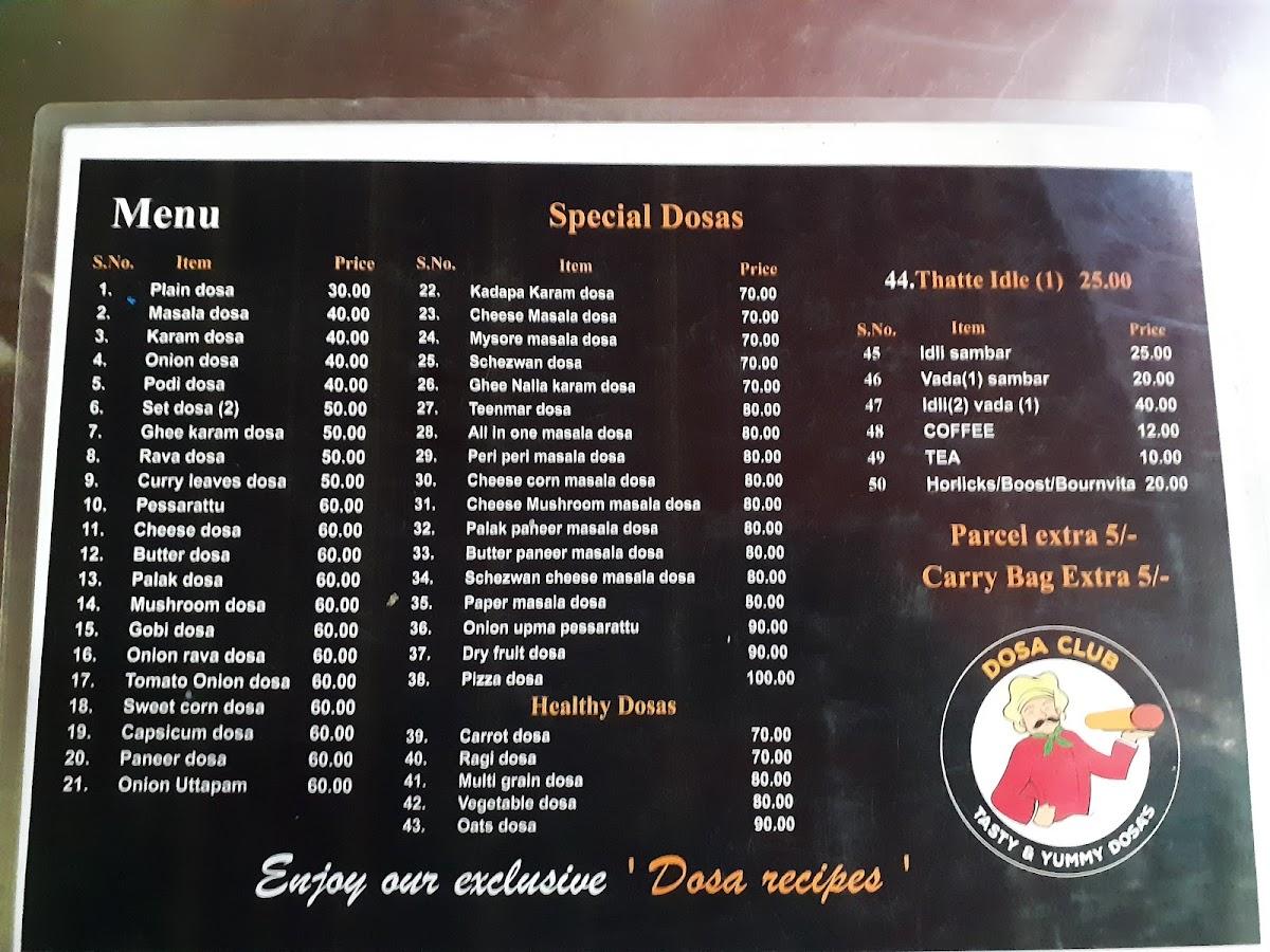 Menu at Raju's Dosa Club, Tirupati
