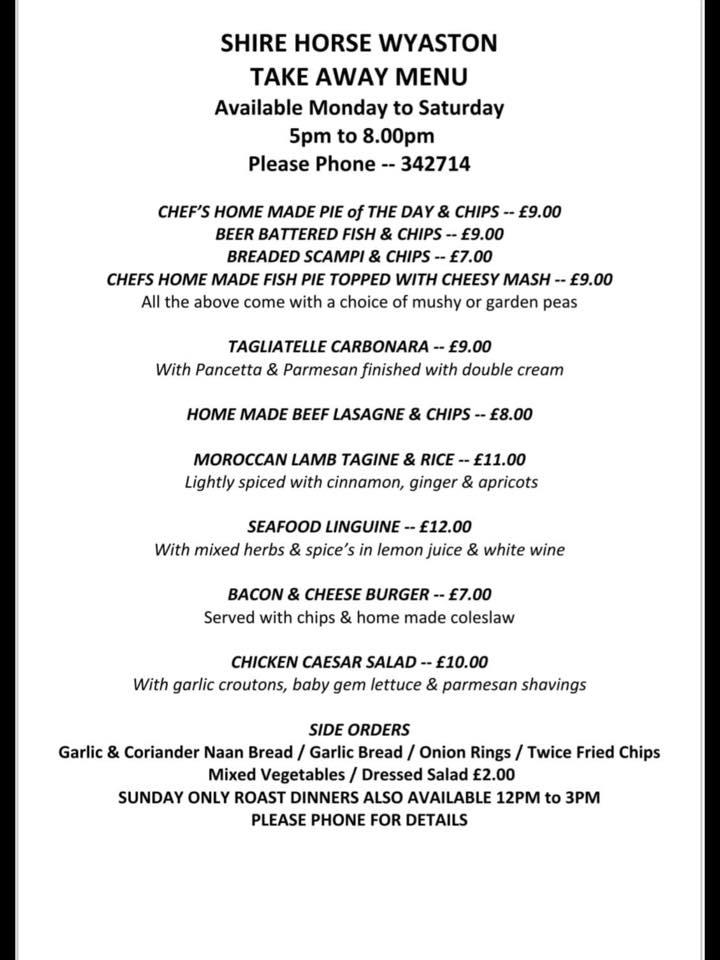 Menu at Shire Horse pub & bar, Ashbourne
