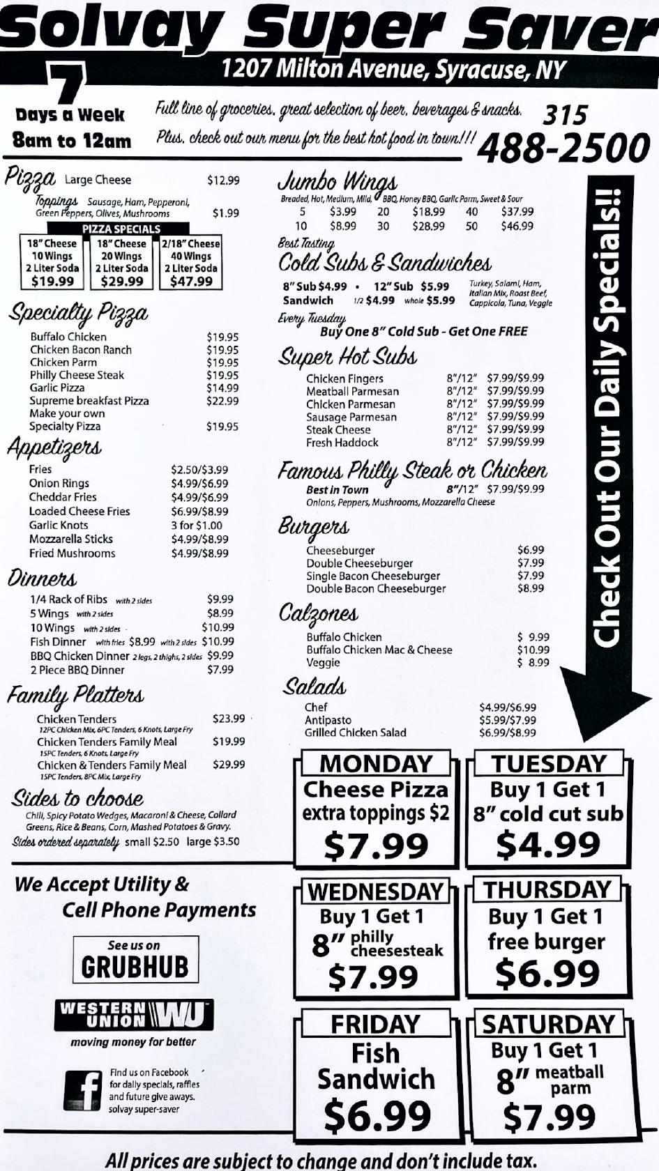 Menu at Solvay Super Saver, Syracuse