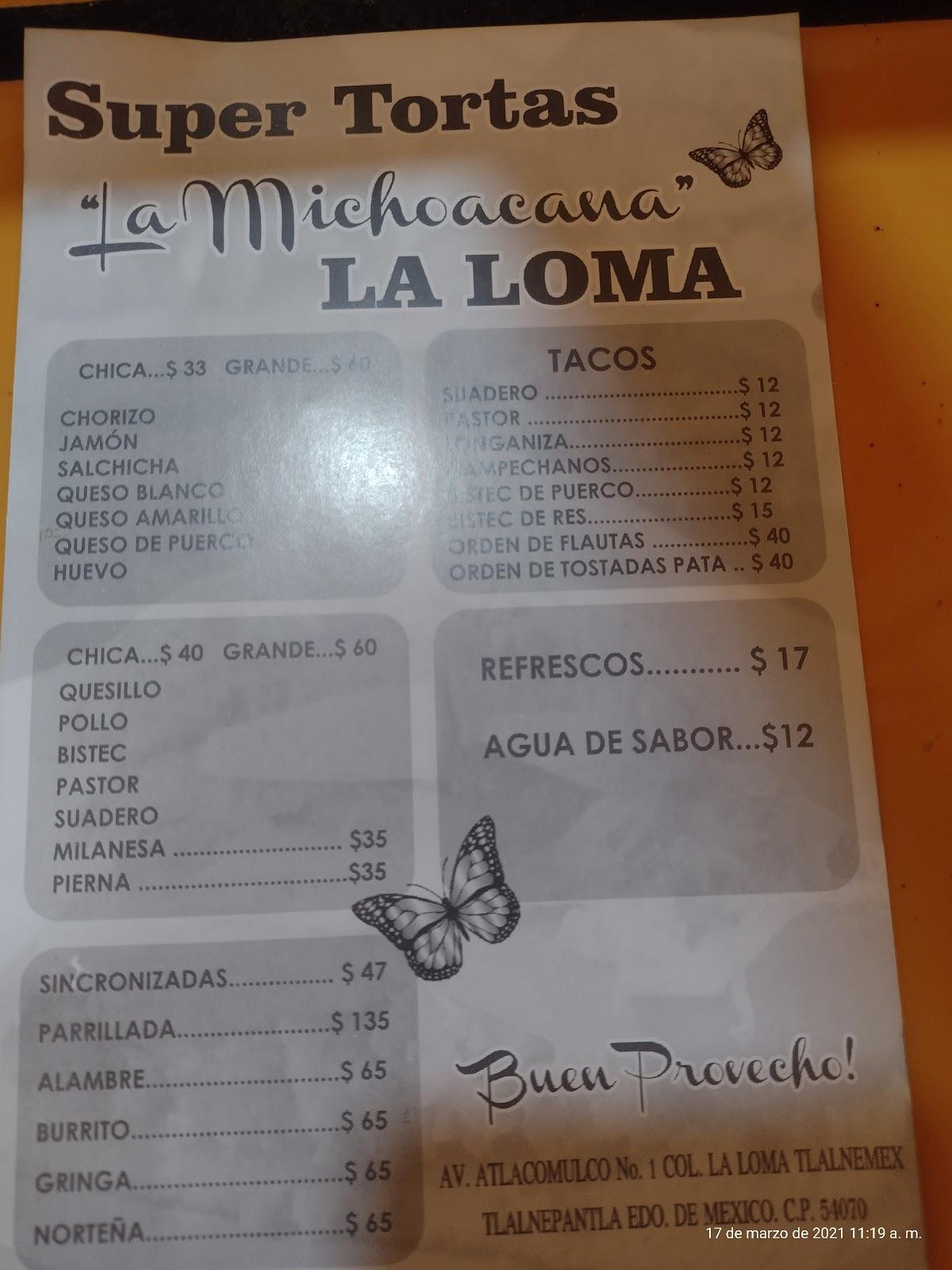 Menu at Super Tortas La Michoacana restaurant, Tlalnepantla de Baz