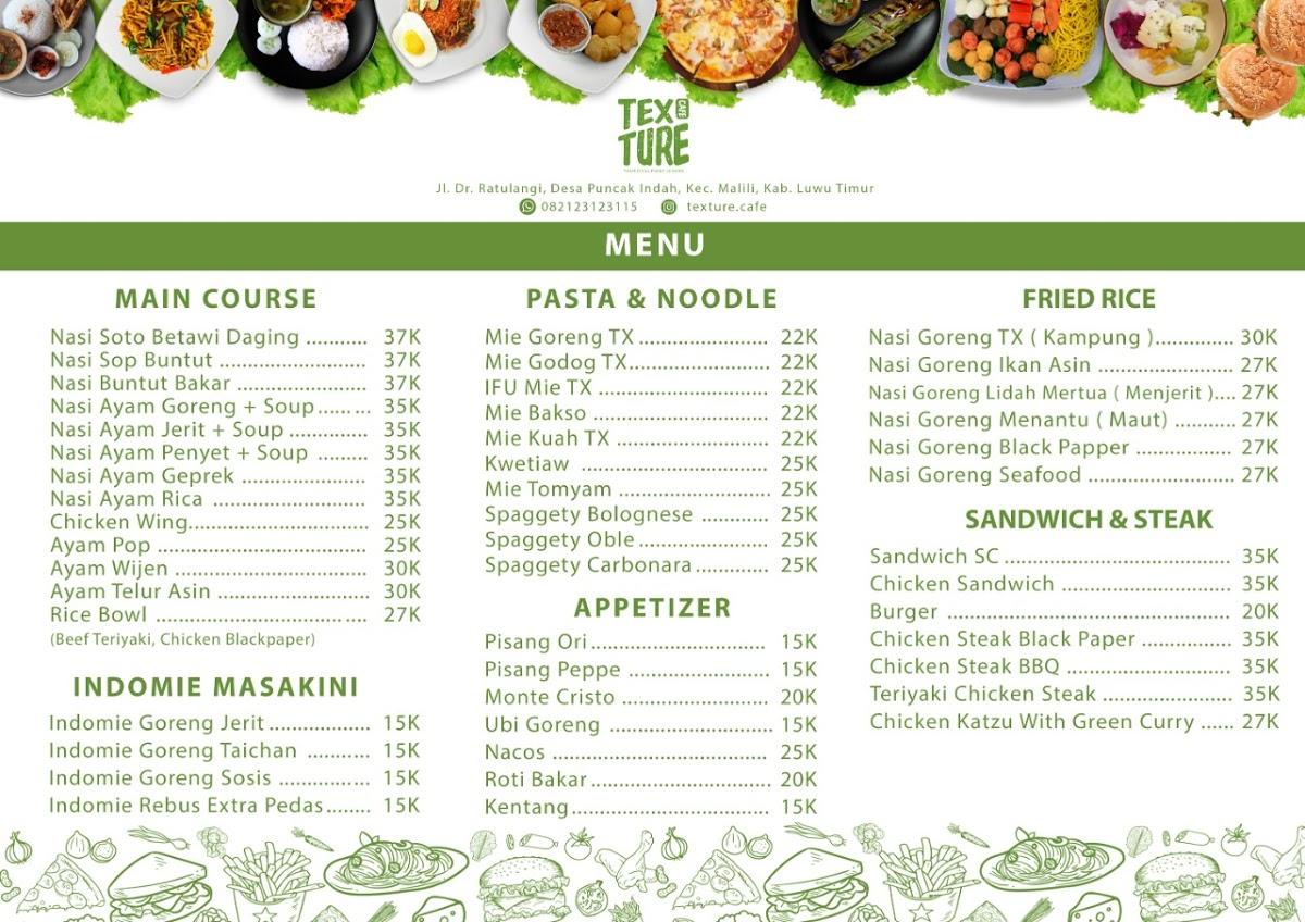 Menu at Texture Cafe, Baruga