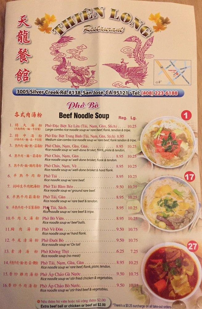 Menu at Thiên Long Restaurant, San Jose, Silver Creek Rd #138