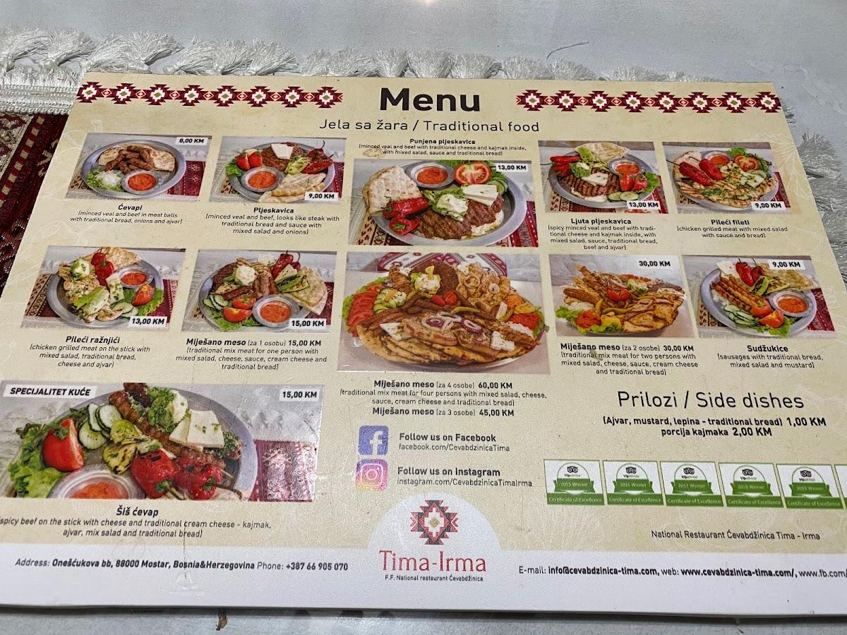 Speisekarte von Tima - Irma restaurant, Mostar