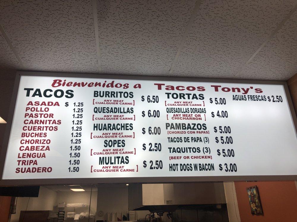 Menu at Tony's Tacos restaurant, Azusa