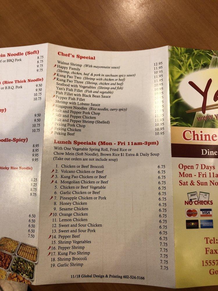 Menu at Yan's Chinese Food restaurant, Goodyear, W Roosevelt St #103
