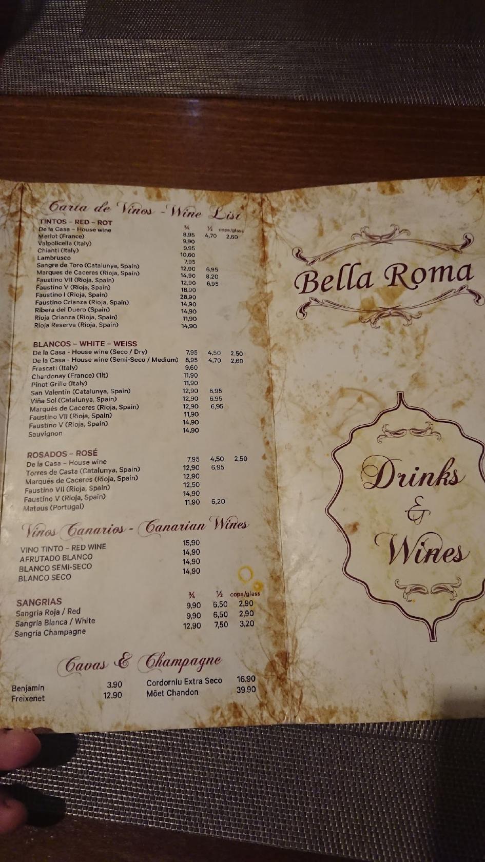 Menu at Bella Roma restaurant, Los Cristianos, C. Sierra Nevada