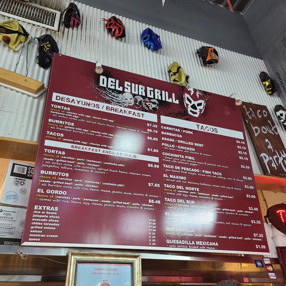 Menu at Del Sur Mexican Grill restaurant, McKinney