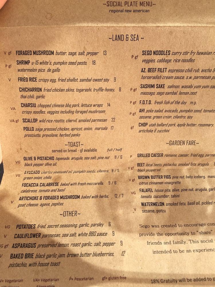 Menu at Sego Restaurant, Kanab