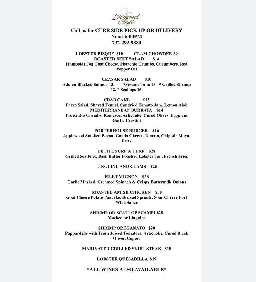 Menu at Shipwreck Grill restaurant, Brielle