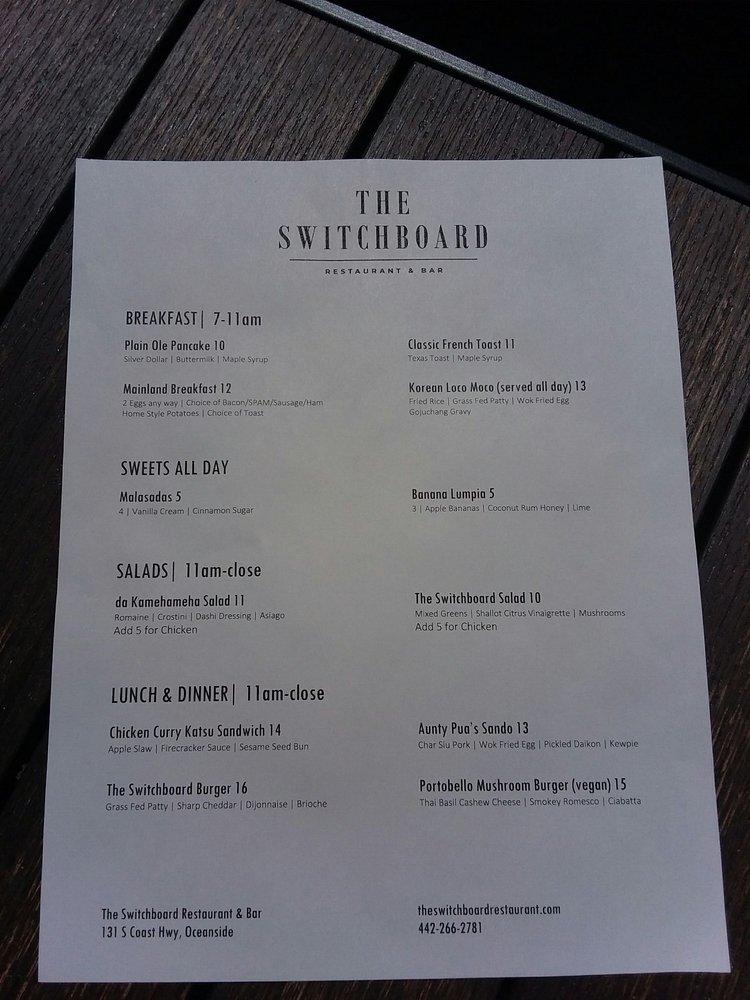 Menu at The Switchboard pub & bar, Oceanside