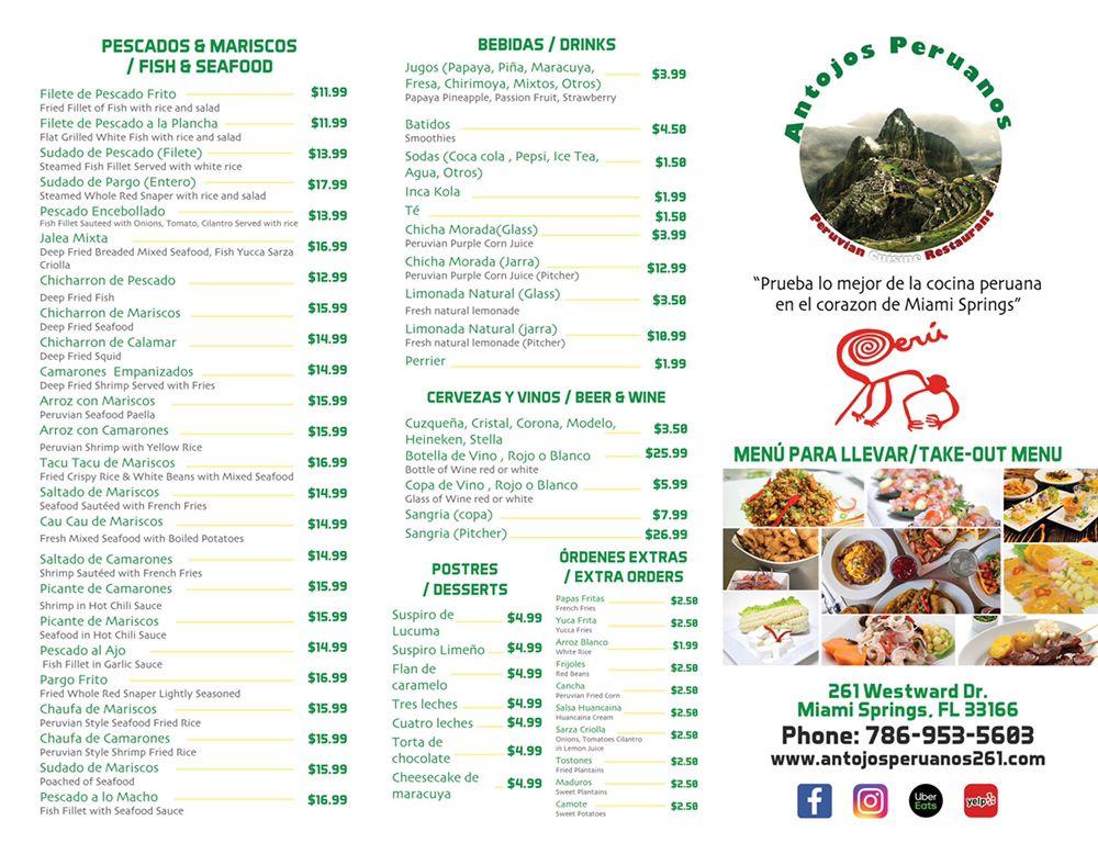 Menu at Antojos Peruanos restaurant, Miami Springs